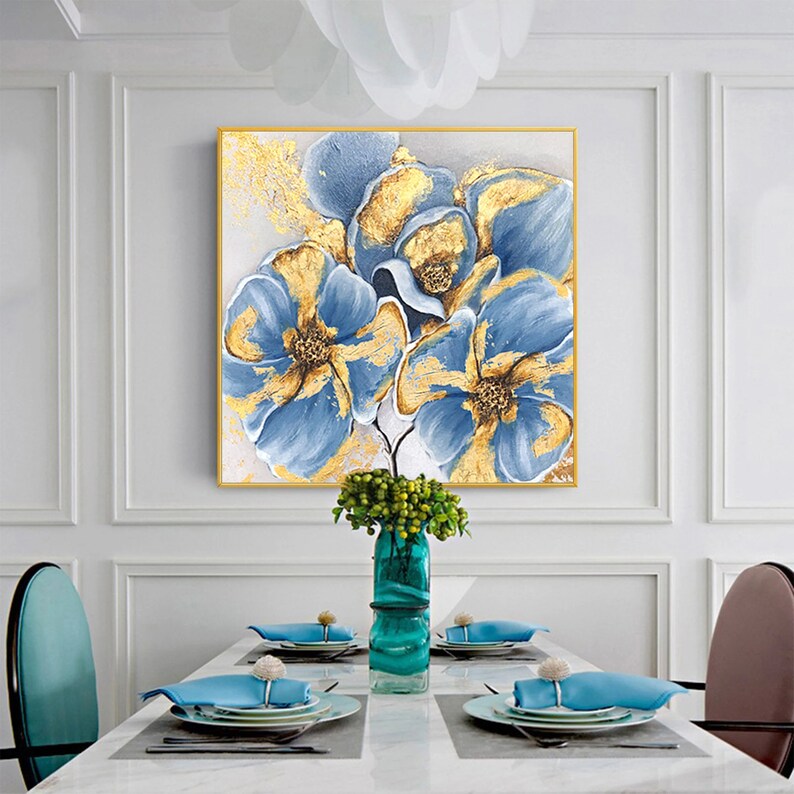 Large Abstract Flower Oil Painting on Canvas Wall Art, Original Blue ...