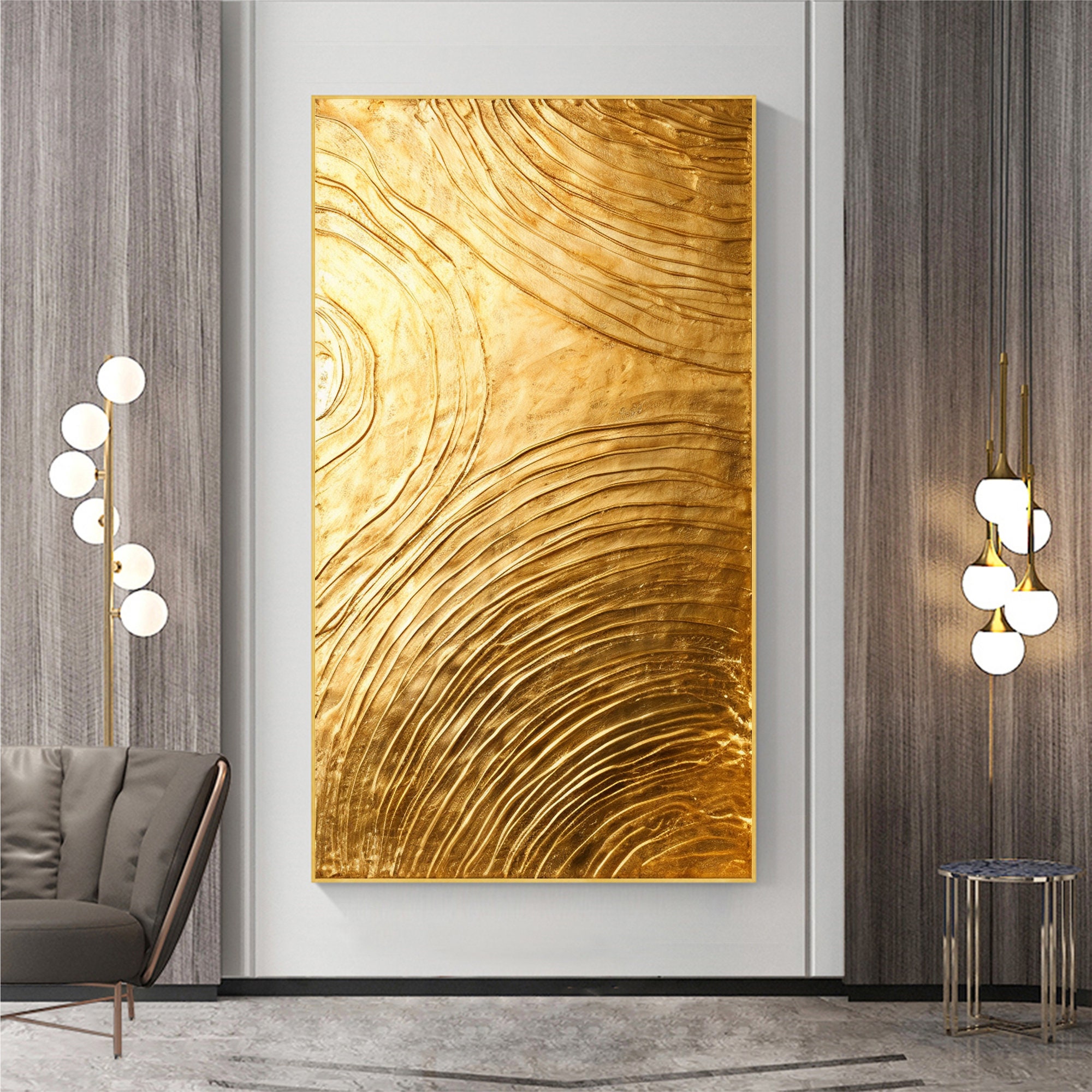 Textured Gold Circle Oil Painting on Canvas, Abstract Modern Wall Art ...