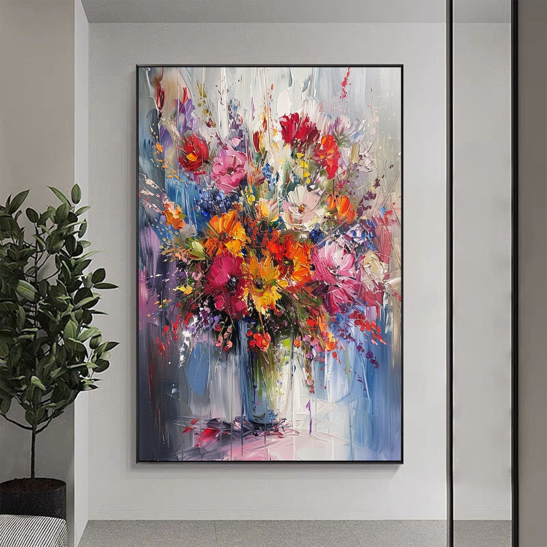 Abstract Flower Vase Oil Painting on Canvas Large Wall Art, Original ...