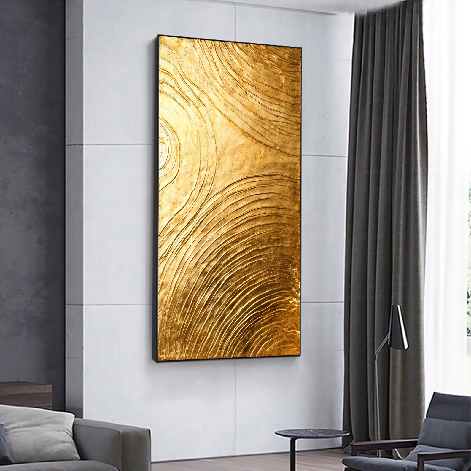 Textured Gold Circle Oil Painting on Canvas, Abstract Modern Wall Art ...