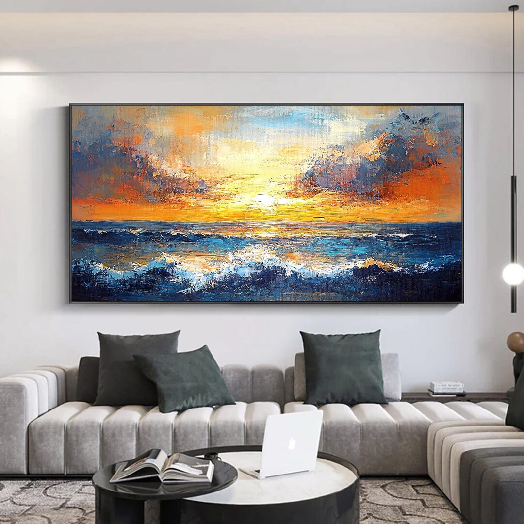 Abstract Ocean Oil Painting on Canvas, Large Wall Art, Original Blue ...
