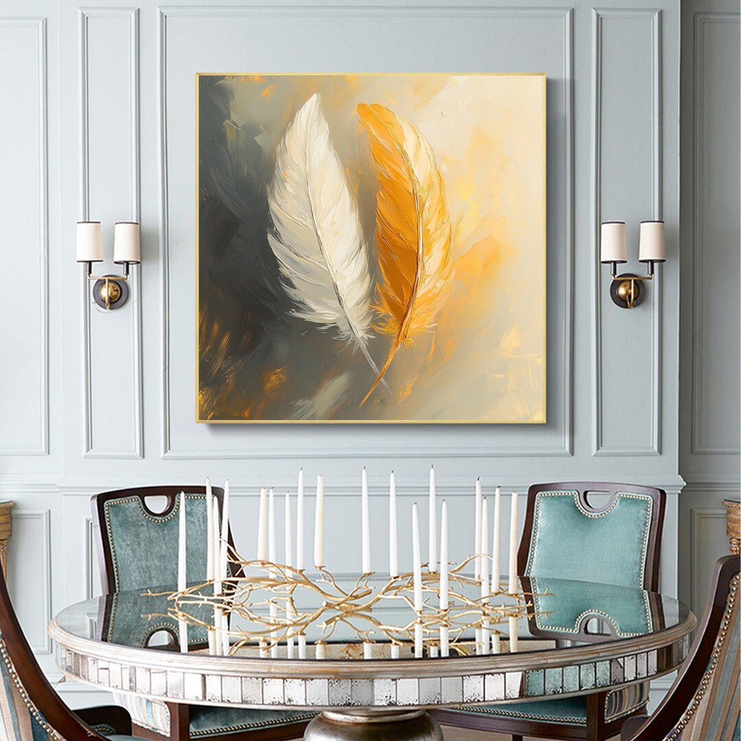 Original Yellow Feather Oil Painting on Canvas,abstract White Feather ...