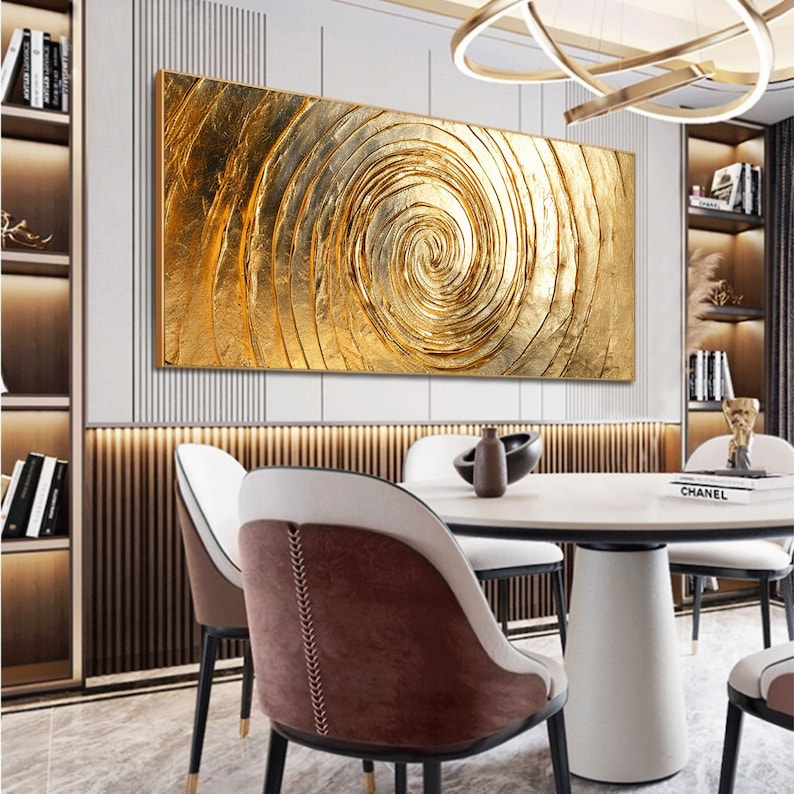 Textured Gold Circle Oil Painting on Canvas, Abstract Modern Wall Art ...