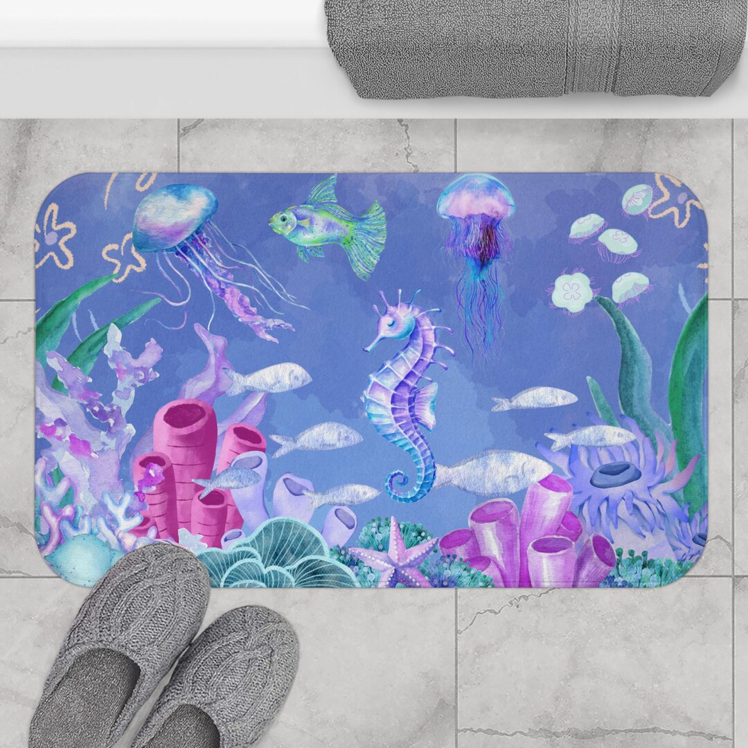 Ocean Jellyfish Bath Mat, Underwater Watercolor Bathroom Decor, Sea ...