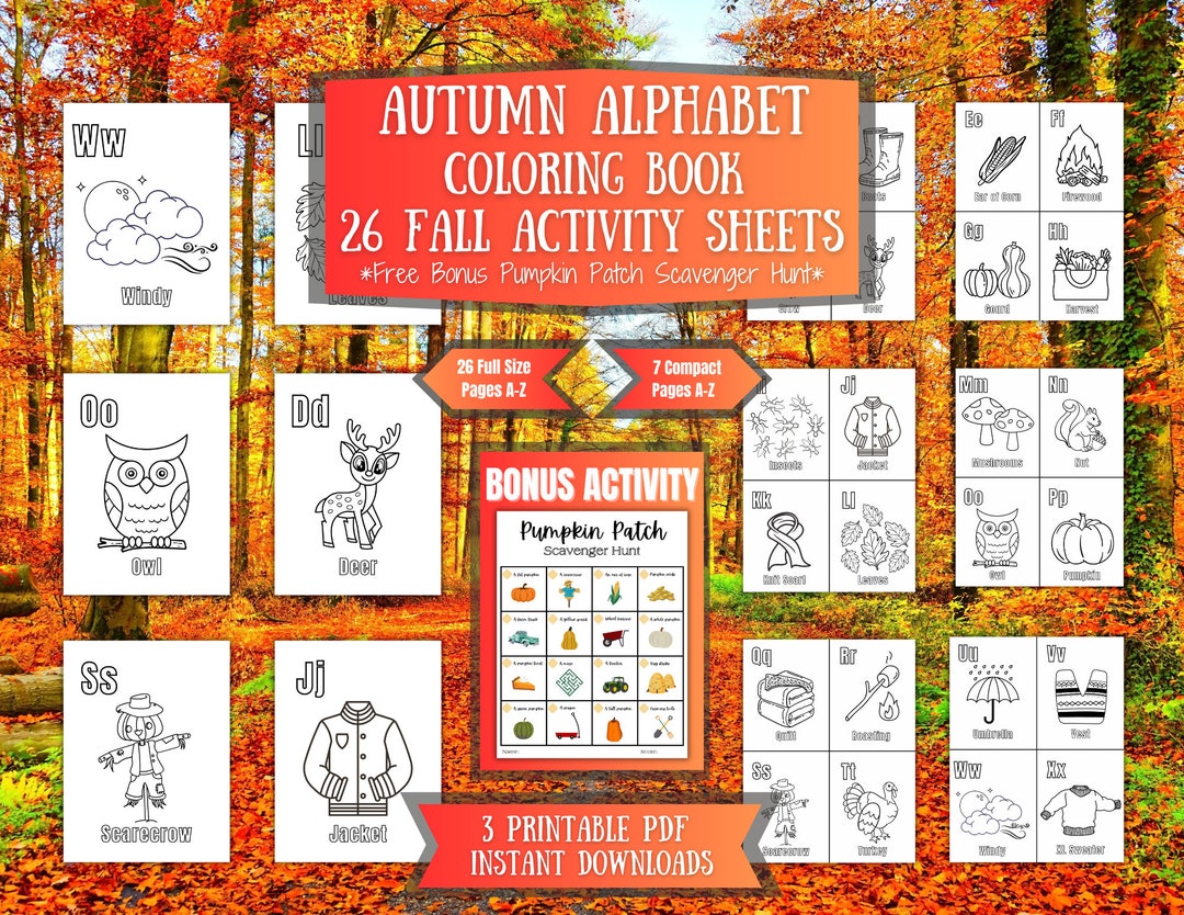 27 Fall Printable Activity Sheets, Autumn Alphabet Coloring Book, Free ...
