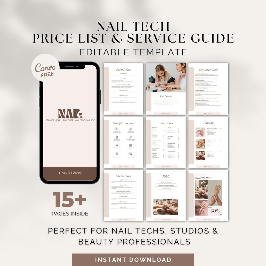 Nail Salon Pricelist Template | Editable Canva | Nail Tech Service Menu ...