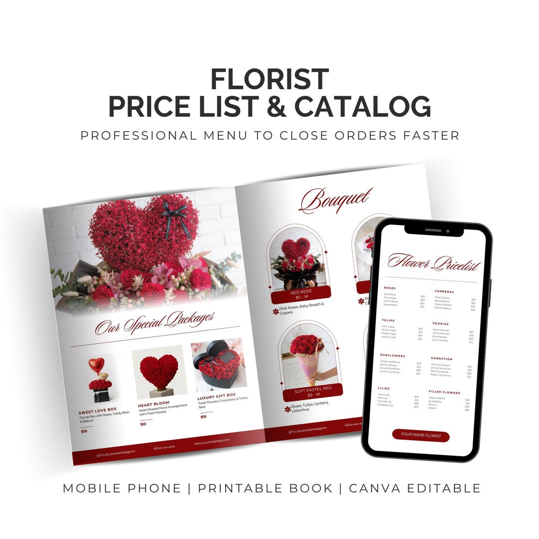 Florist Price List Template | Flower Shop Menu | Bouquet Catalog (canva ...