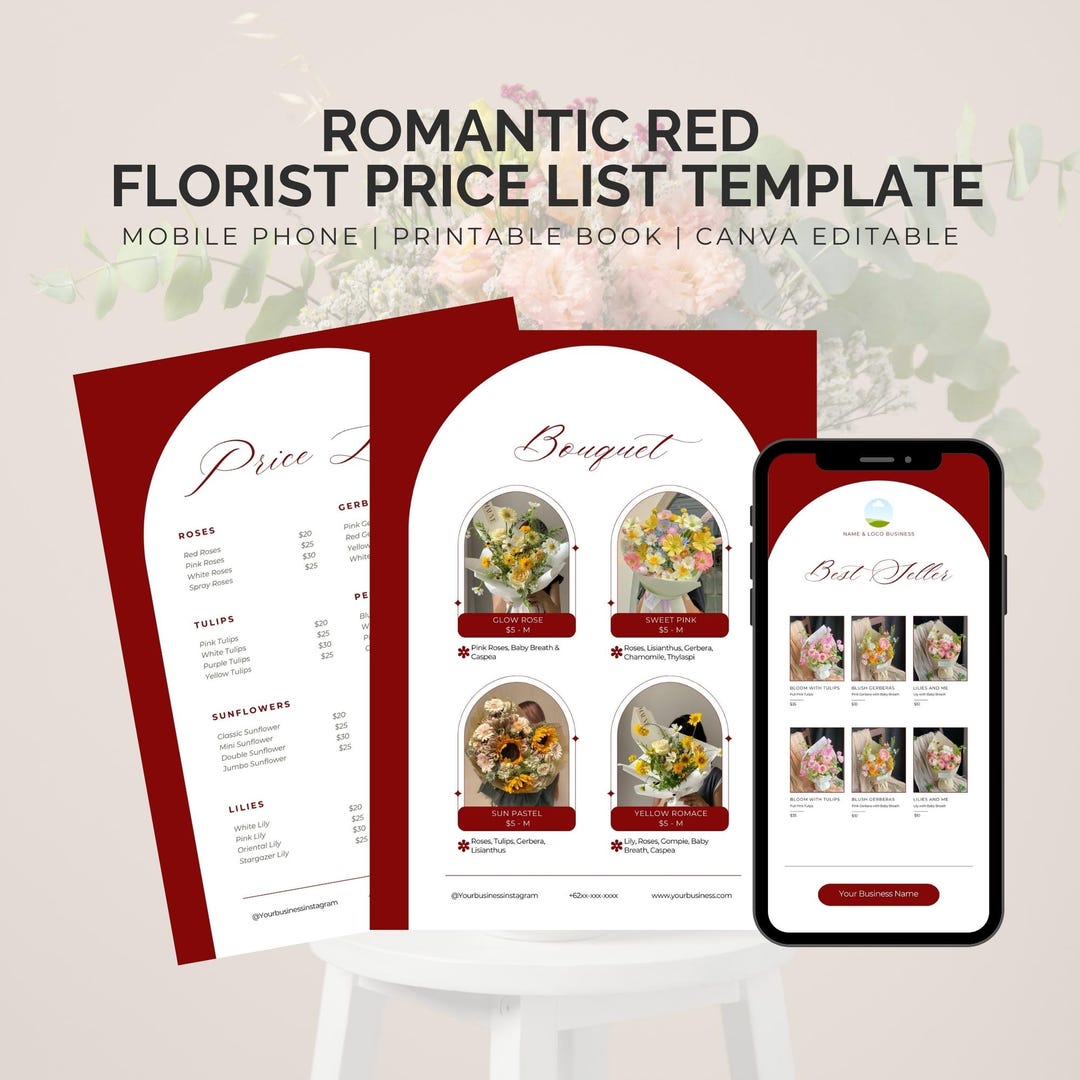 Florist Price List Template | Romantic Red Flower Shop Menu (canva ...