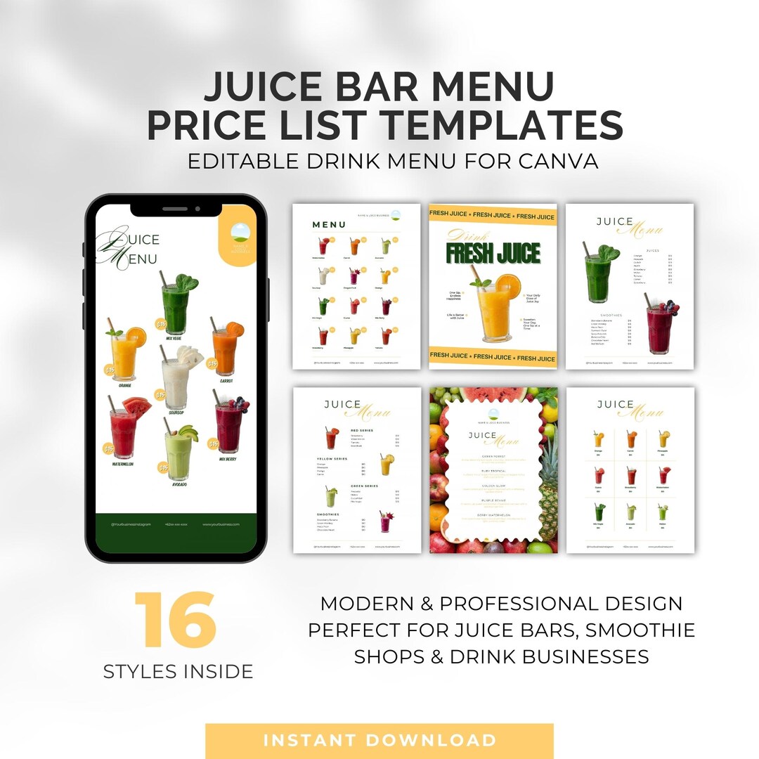 Juice Bar Menu Template Canva | Smoothie Drink Price List (digital ...