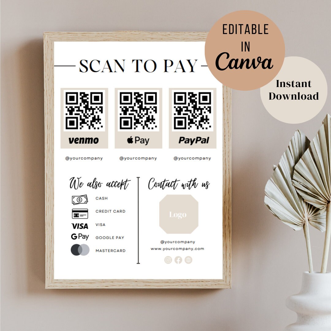 Editable Scan to Pay Card Template Editable Canva Template QR Code Sign ...