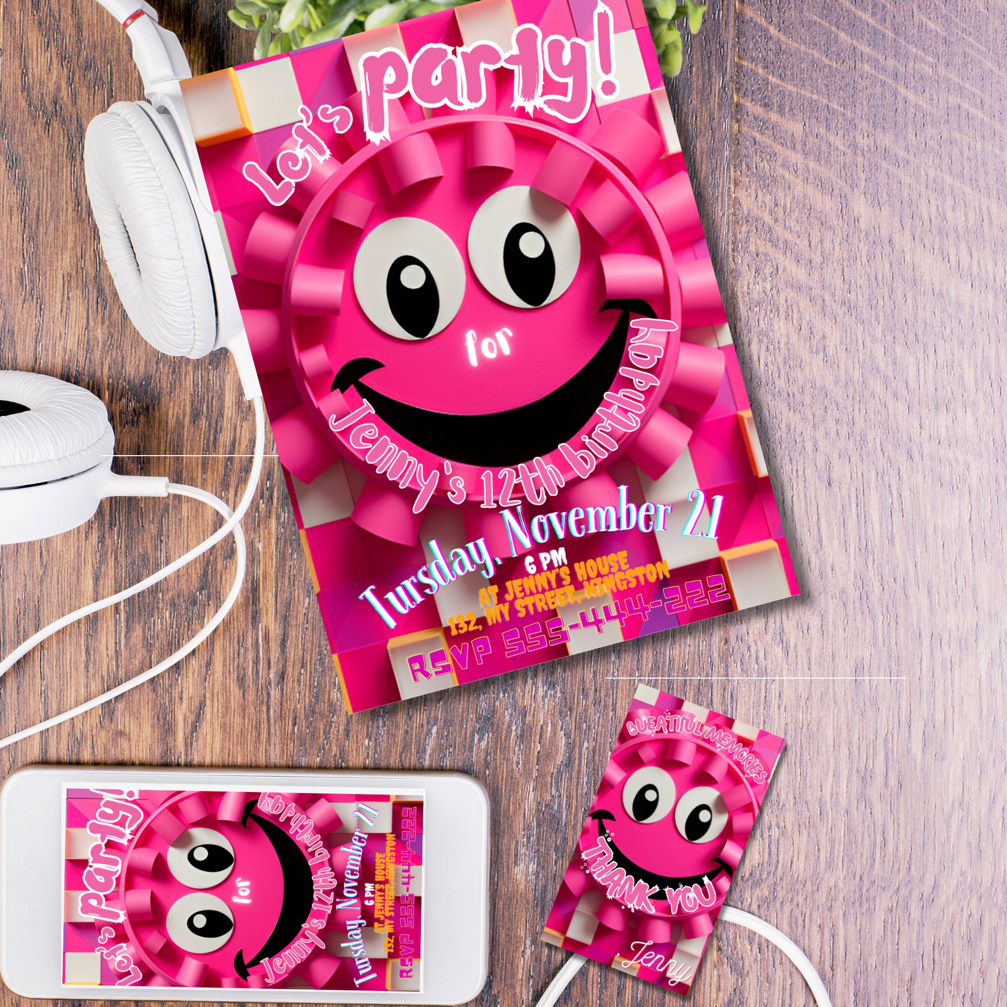 The Pink Smiley Face Birthday Invitation/ Smiley Face Editable/ Pink ...
