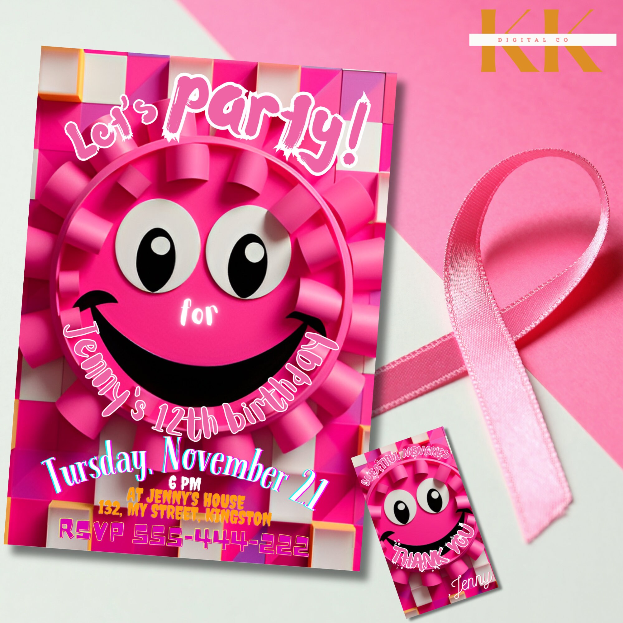 The Pink Smiley Face Birthday Invitation/ Smiley Face Editable/ Pink ...