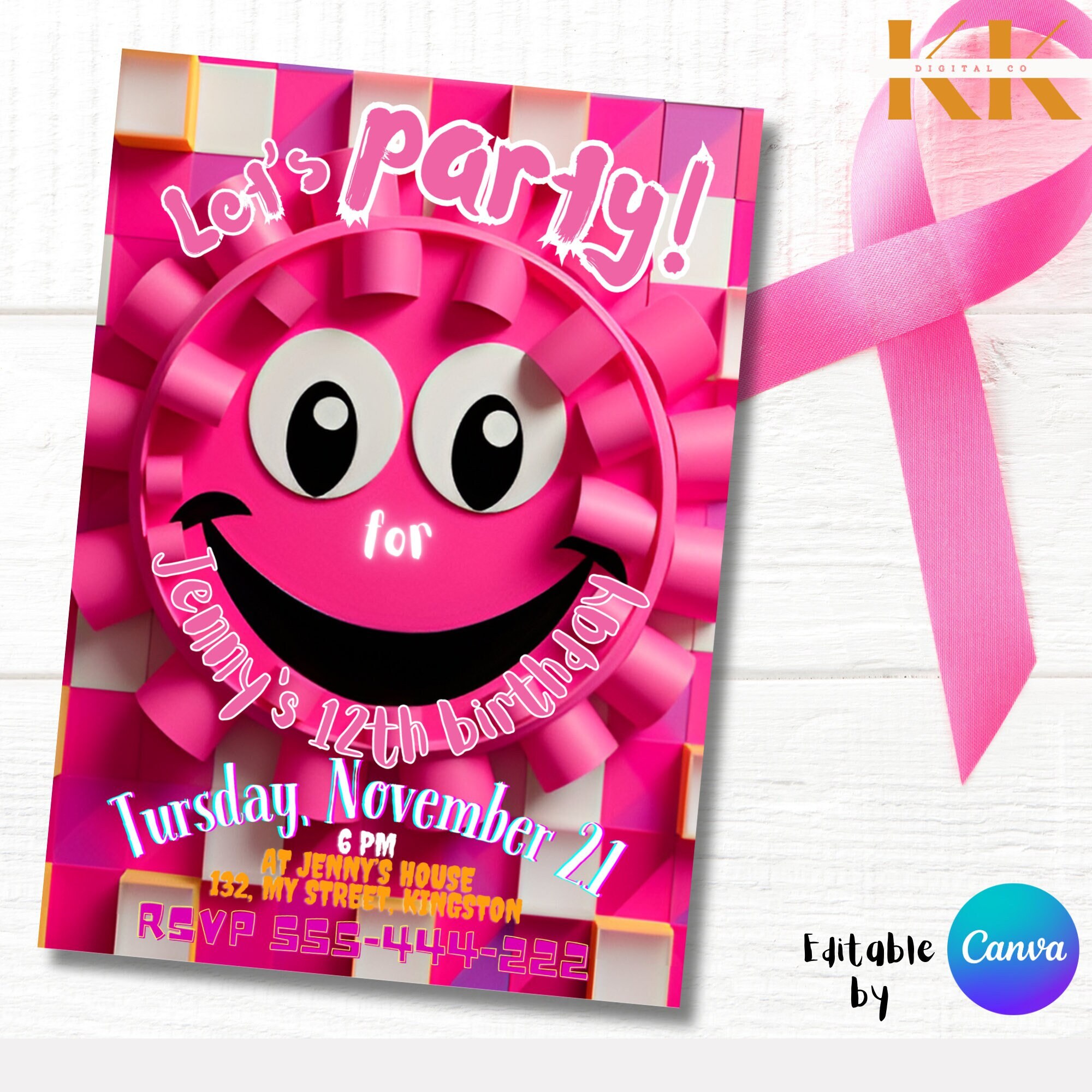The Pink Smiley Face Birthday Invitation/ Smiley Face Editable/ Pink ...