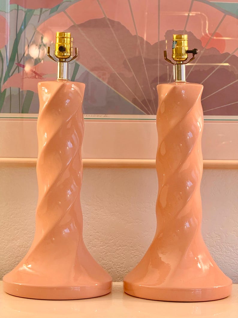 Pair of Vintage Peach 1980s Art Deco Twisted Column Lamps Post Modern ...