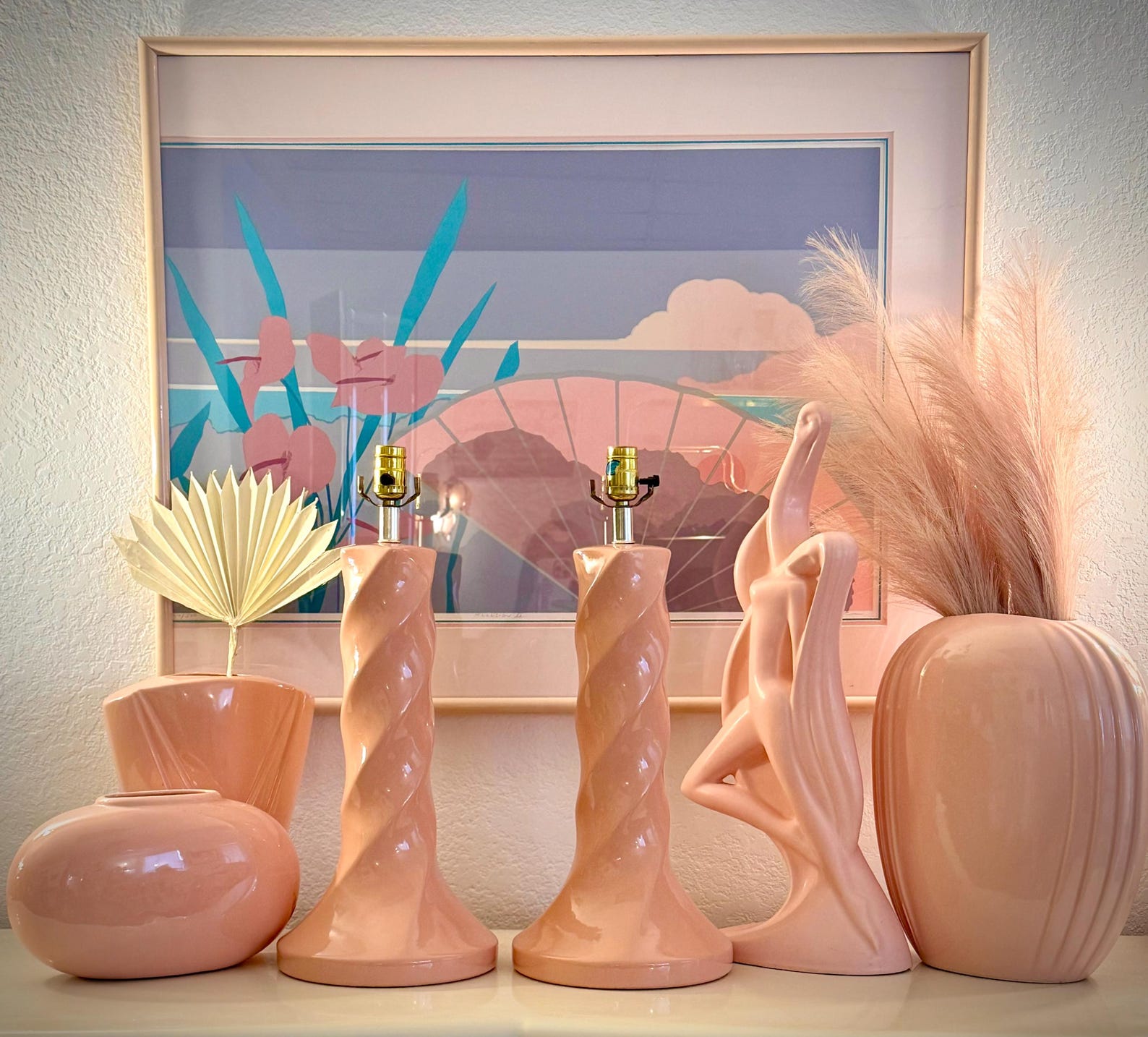 Pair of Vintage Peach 1980s Art Deco Twisted Column Lamps Post Modern ...