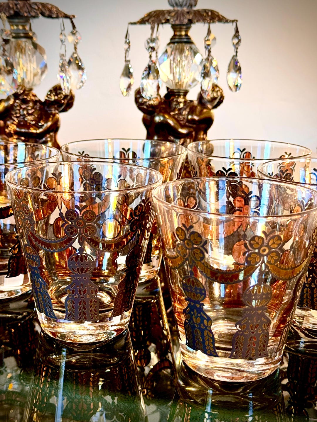 Vintage Hollywood Regency 22k Black and Gold Tassle Glassware Set of 7 ...