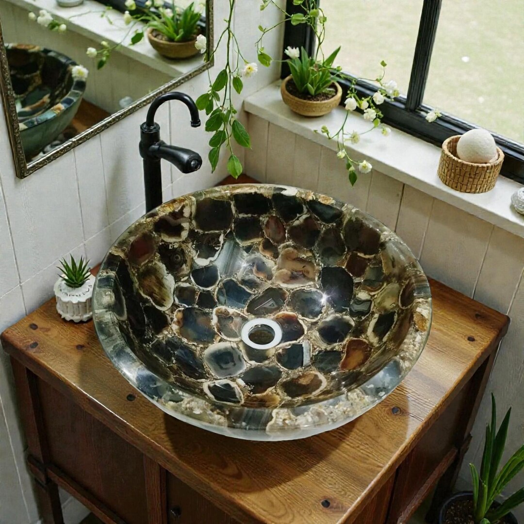 Natural Stone Vessel Sink Bowl – Handcrafted Polished Agate Stone ...