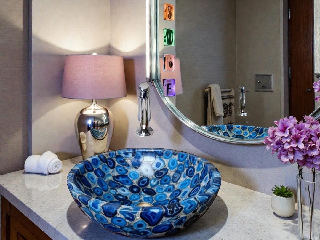 Luxury Blue Agate Bathroom Sink | Handmade Natural Gemstone Vessel Wash ...