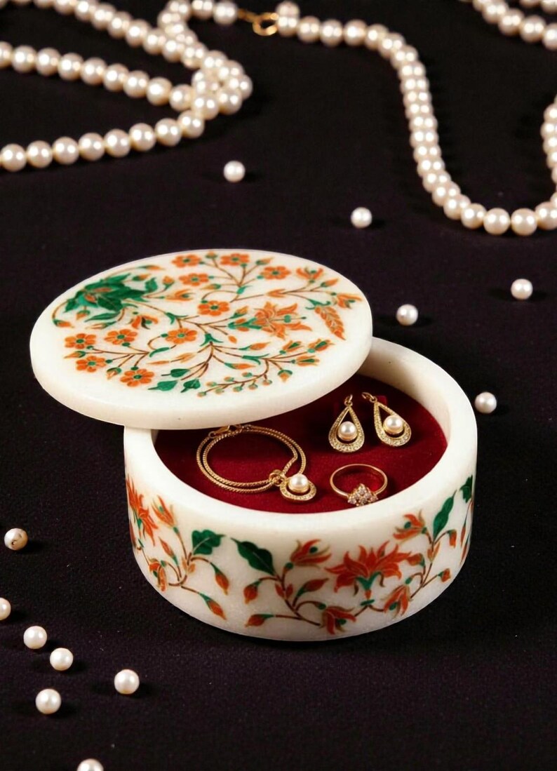 White Marble Trinket Box With Floral Inlay – Royal Jewelry Storage Gift ...