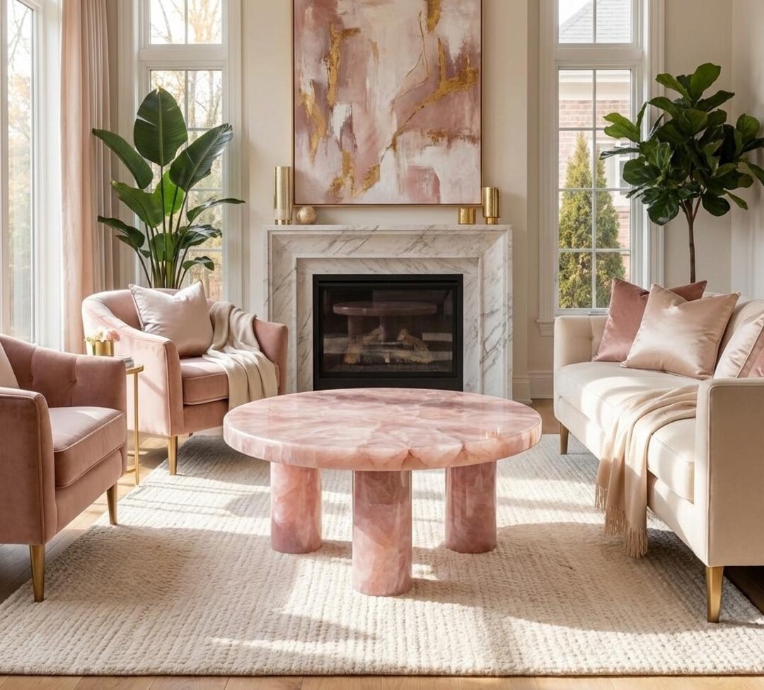 Luxury Round Rose Quartz Coffee Table – Handcrafted Natural Stone ...