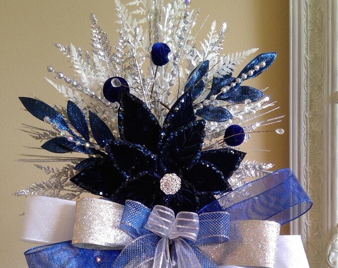 Christmas Tree Topper, Velvet Blue & Silver Poinsettia Tree Topper, XL ...