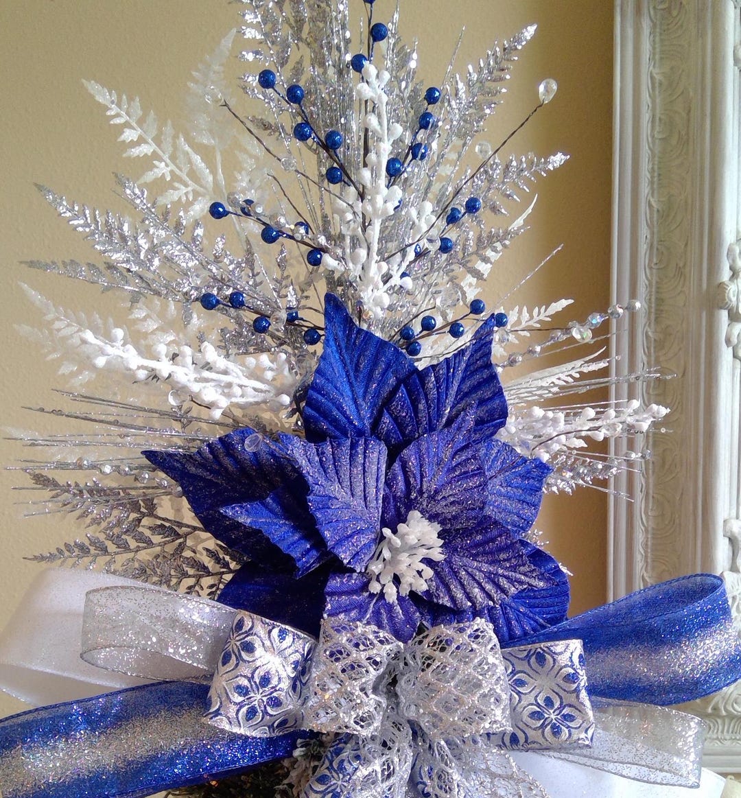 Christmas Tree Topper, Blue & Silver Poinsettia Tree Topper, XL Tree ...