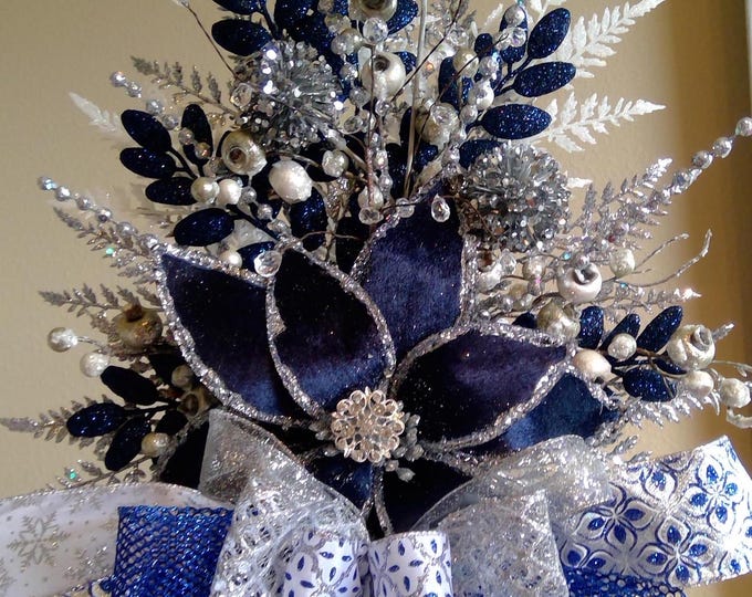Christmas Tree Topper, Velvet Blue & Silver Poinsettia Tree Topper, XL ...