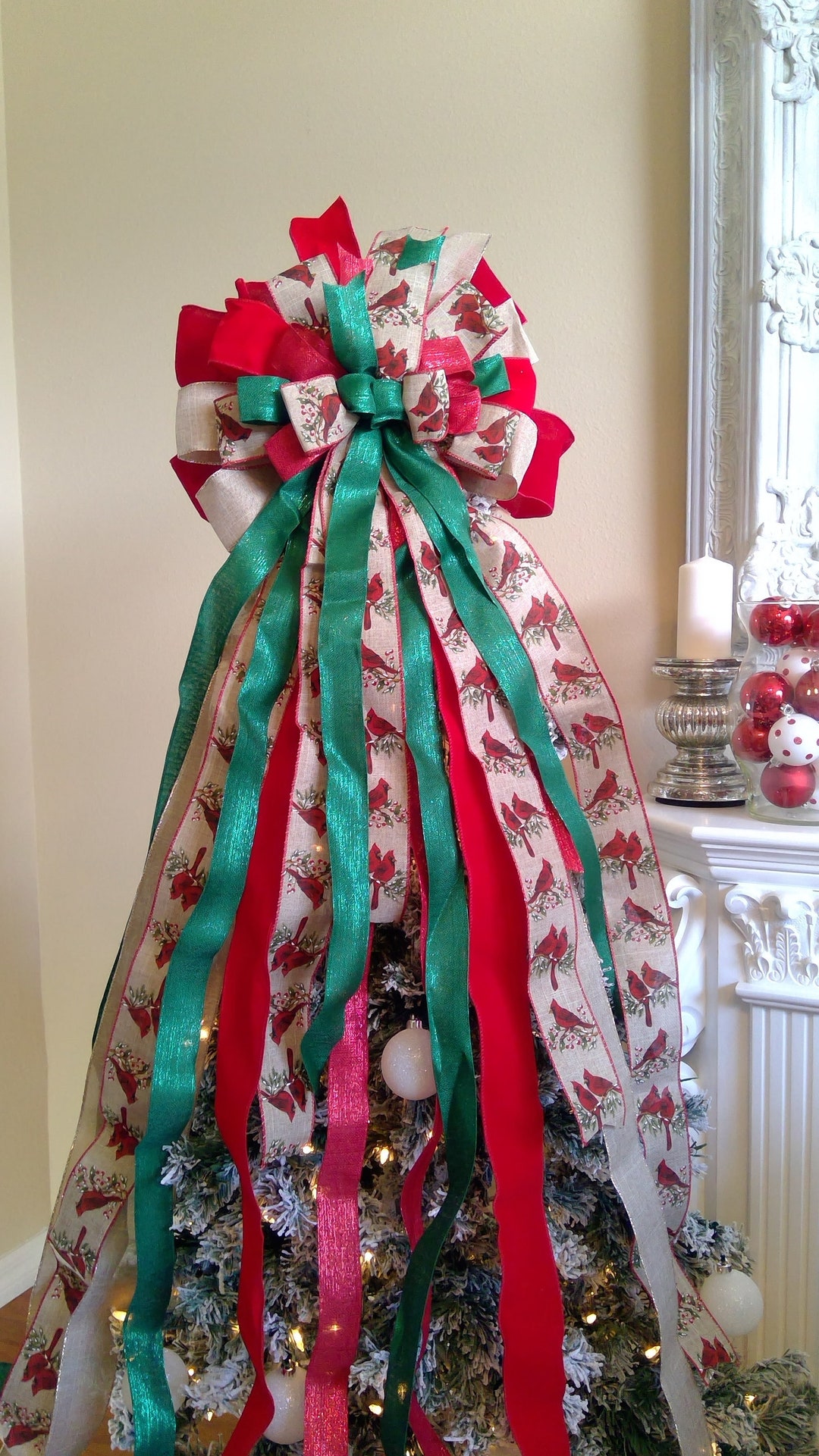 XL Christmas Tree Topper Bow Red Cardinal Bow Red and Green - Etsy