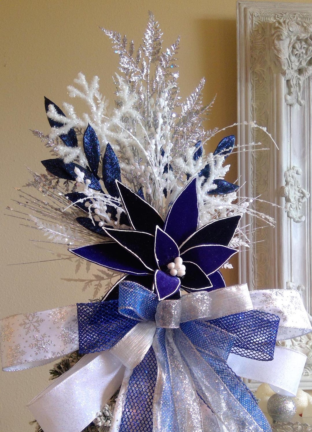 Christmas Tree Topper, Blue & Silver Poinsettia Tree Topper, XL Tree ...