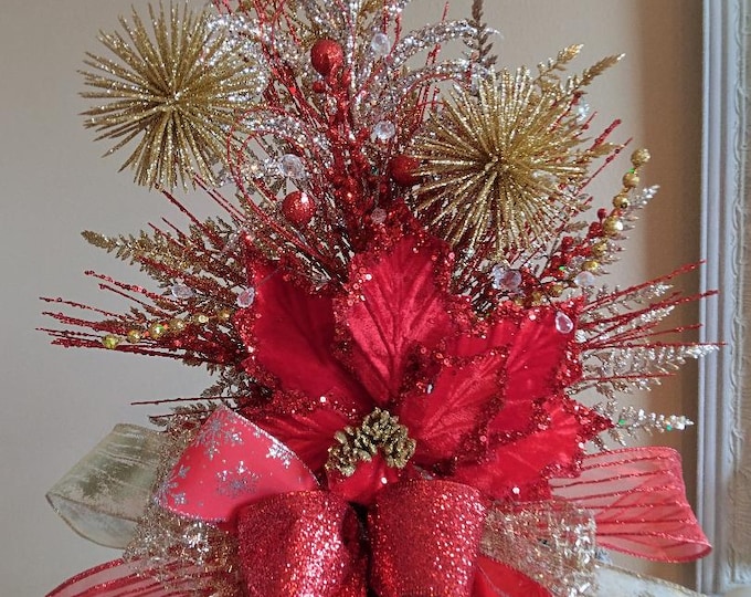 Christmas Tree Topper, Red and Gold Poinsettia Tree Topper, XL Tree ...