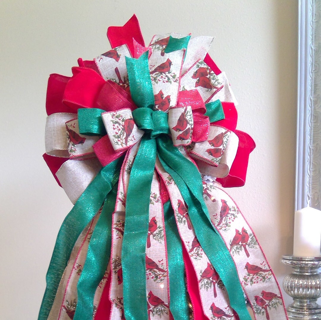 XL Christmas Tree Topper Bow, Red Cardinal Bow, Red and Green Bow, Tree ...