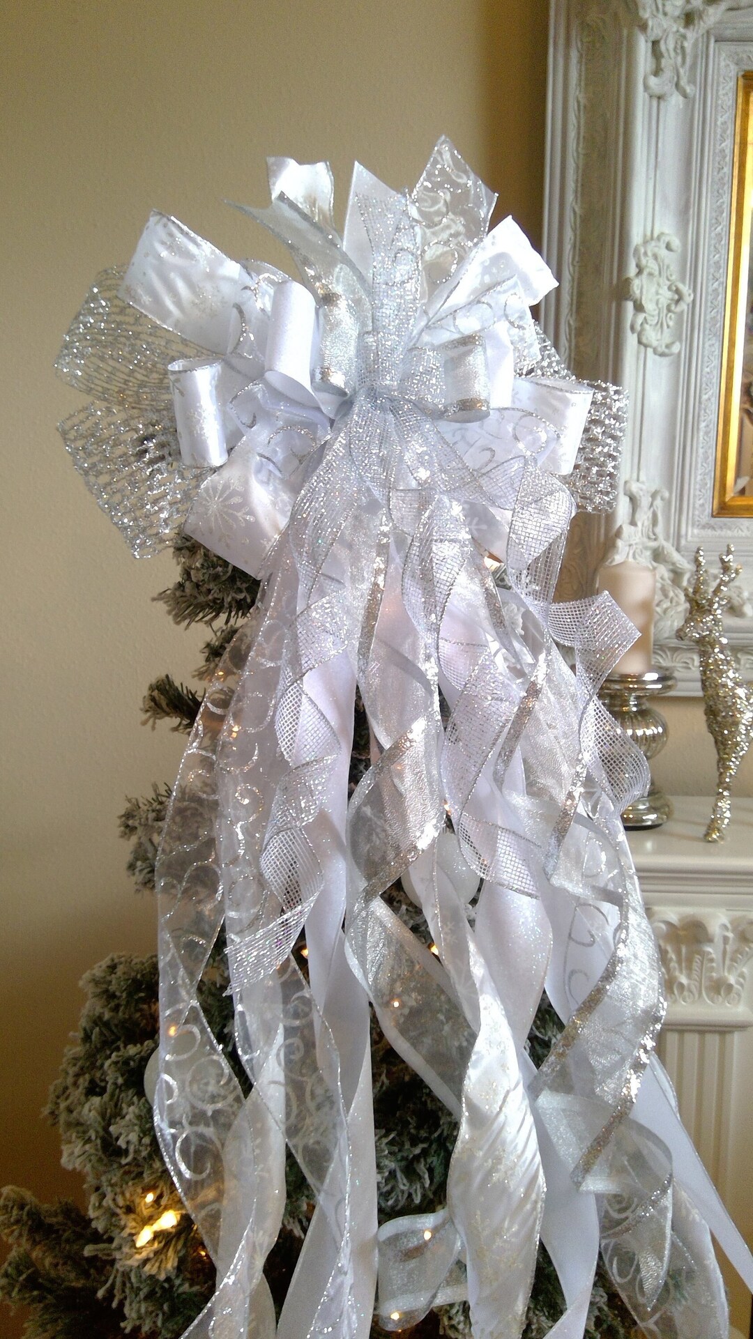 Christmas Tree Topper Bow White and Silver Bow Tree Topper - Etsy