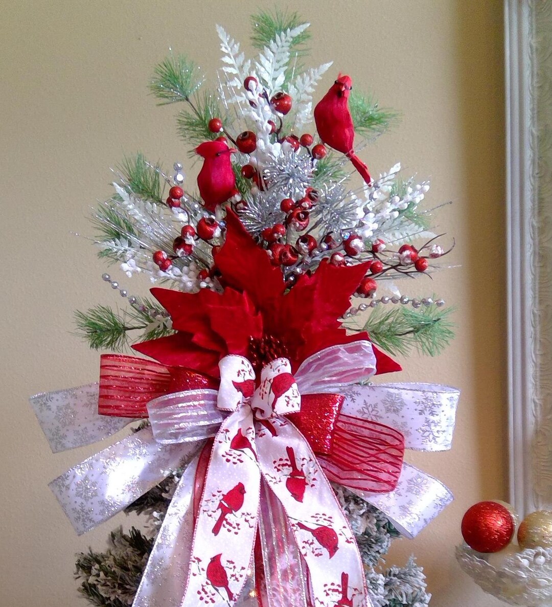 Christmas Tree Topper, Red Cardinal Tree Topper, Red Poinsettia Tree ...