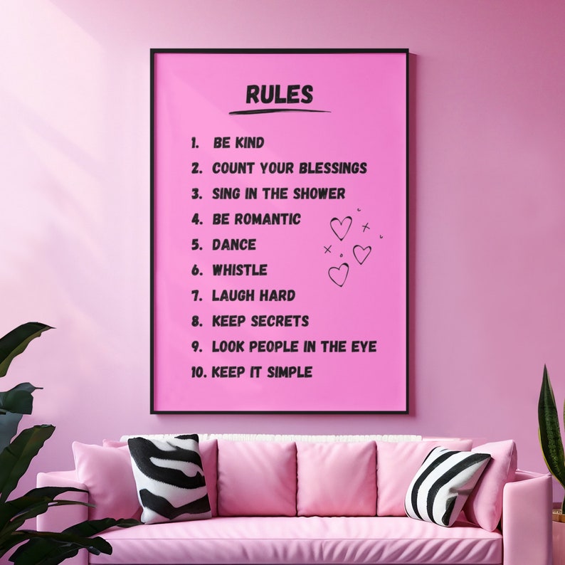 Retro Rules Print, Life Rules, Pink Print, Preppy Wall Art, Retro ...