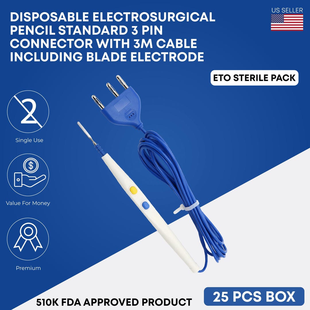 Diathermy ESU Cautery Disposable Electrosurgical Pencil Standard 3 Pin Connector With 3M Cable ...