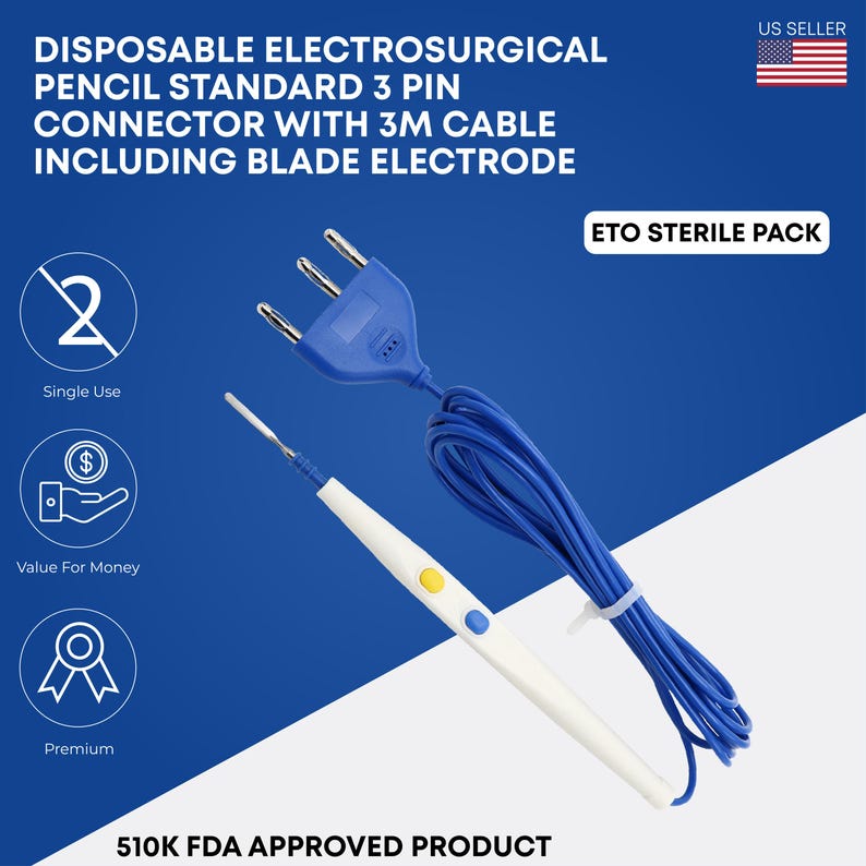 Diathermy ESU Cautery Disposable Electrosurgical Pencil Standard 3 Pin Connector With 3M Cable ...
