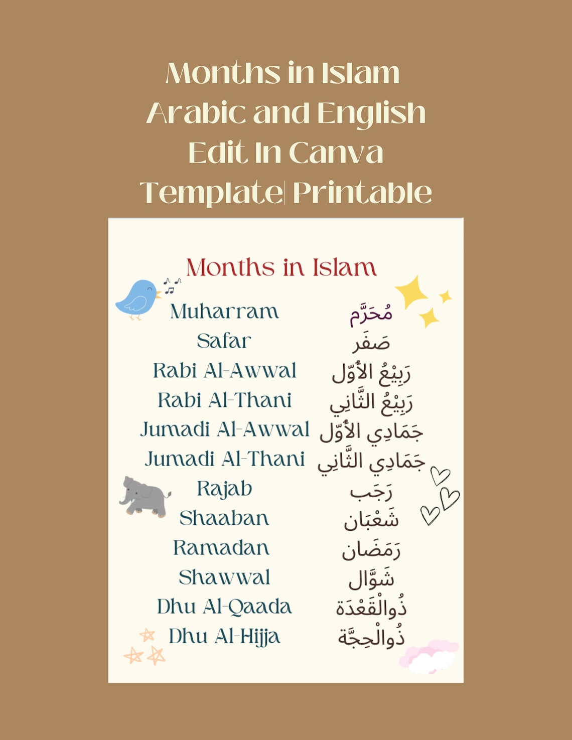 Months in Islam | Islamic Calendar | Arabic and English | Nursery - Etsy