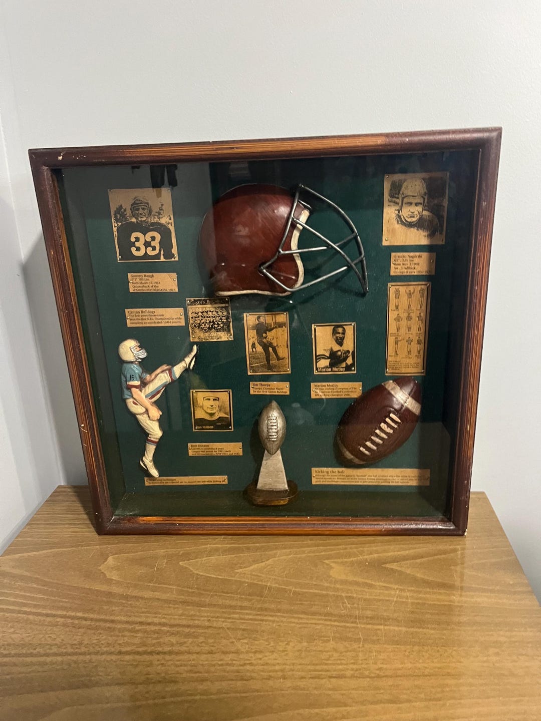 Vintage Wood Football Shadow Box Sammy Baugh Don Huston Jim Thorpe and ...
