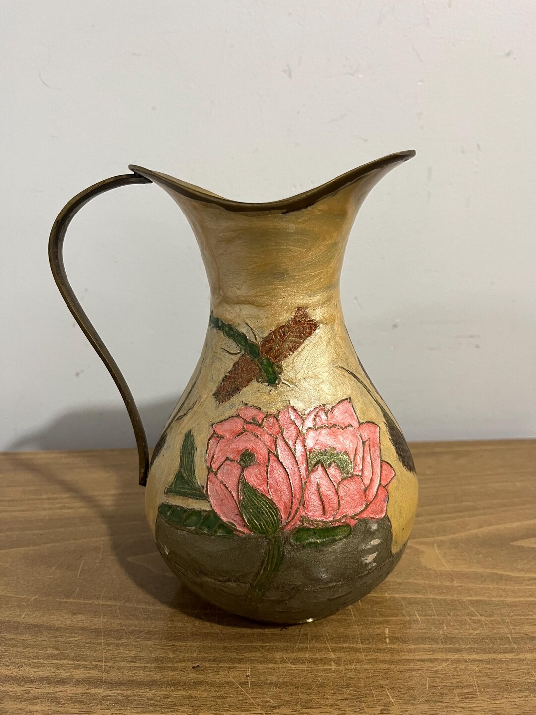 Vintage Painted Enamel Lotus Dragonfly Brass Pitcher - Etsy