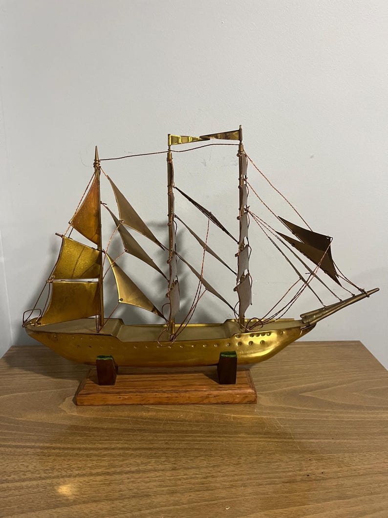 Vintage Brass Ship With Woode Stand - Etsy