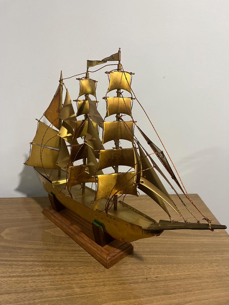 Vintage Brass Ship With Woode Stand - Etsy