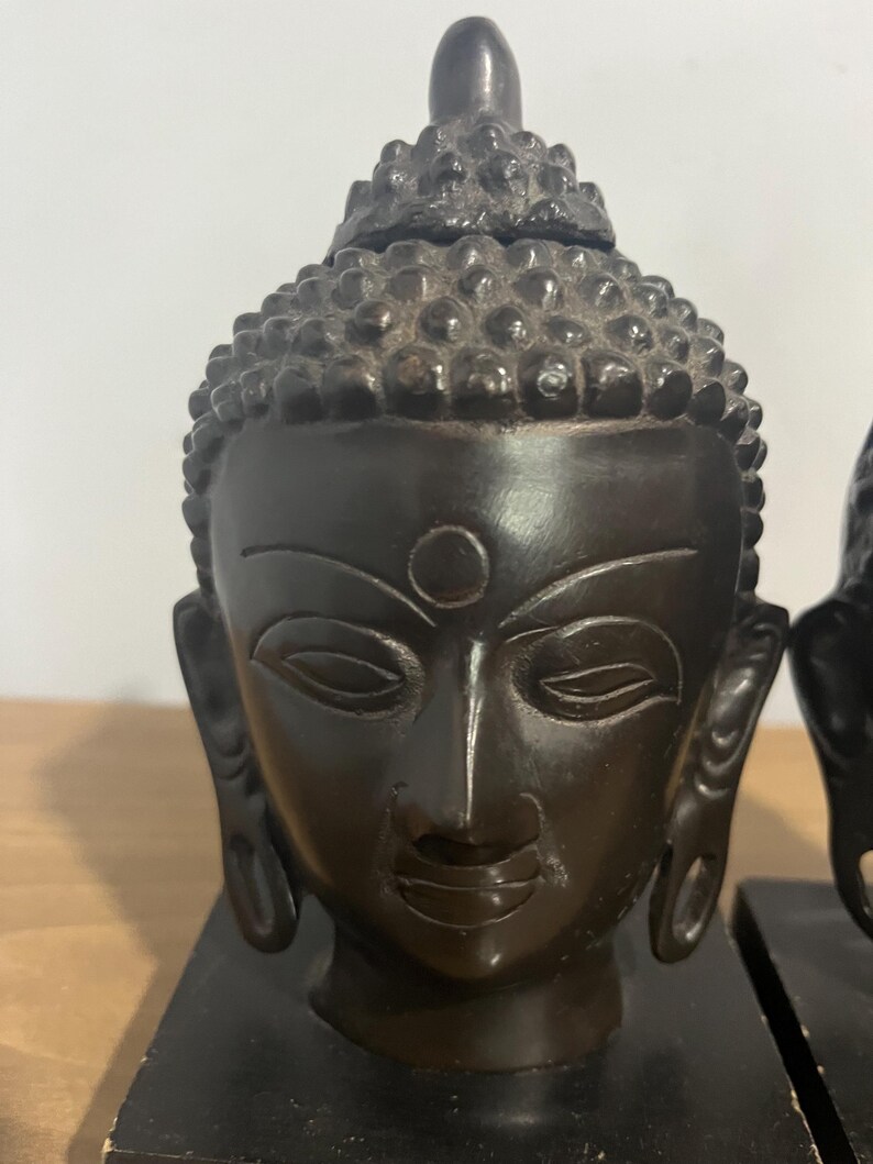 Vintage Pair of Bronze/metal Buddha Heads on Wooden Base - Etsy