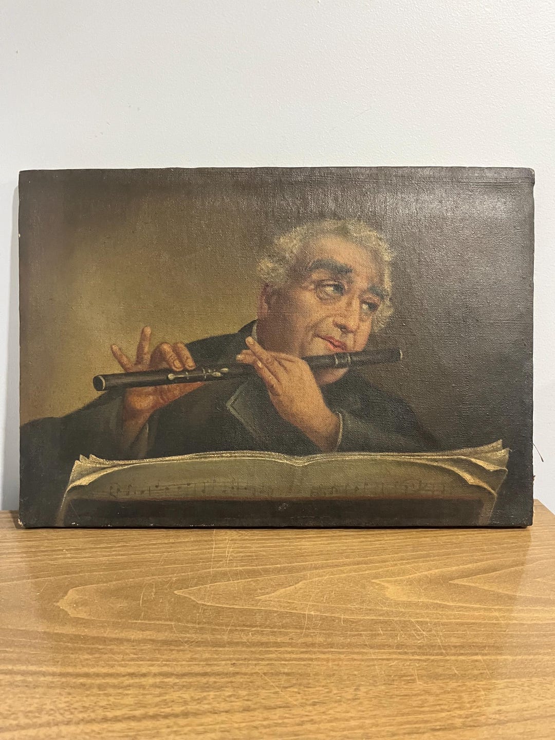 Antique Oil Painting on Canvas of A Man Playing the Flute Not Framed ...