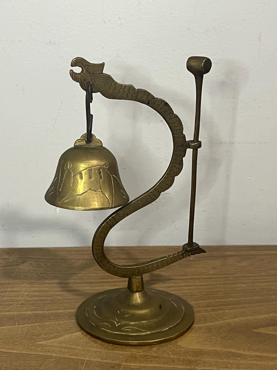 Vintage Oriental Dragon Etched Brass Bell With Mallet - Etsy