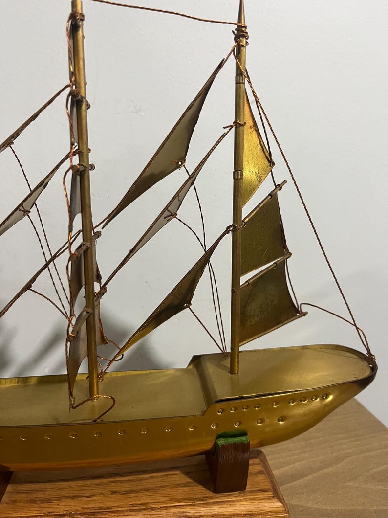 Vintage Brass Ship With Woode Stand - Etsy