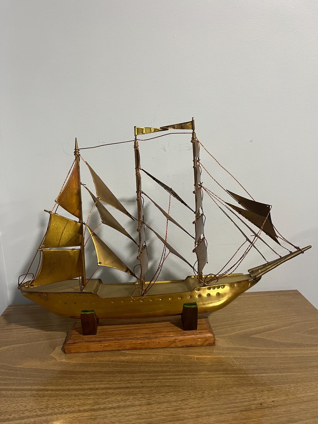 Vintage Brass Ship With Woode Stand - Etsy