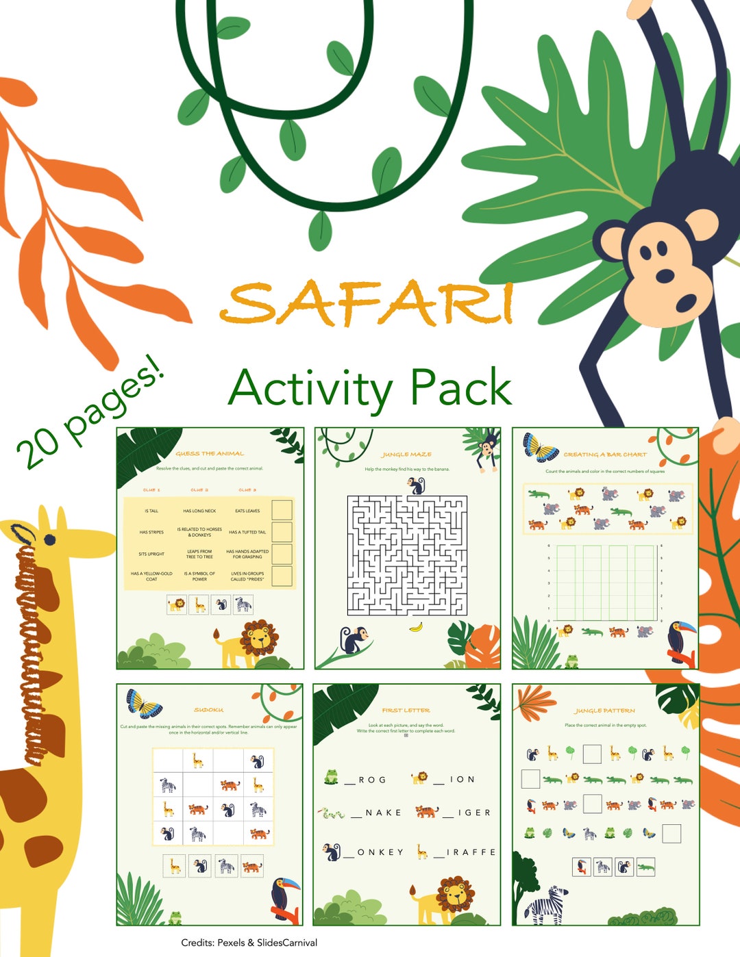 20 Pages Safari Activity Pack Printable Activity Bundle Pack - Etsy