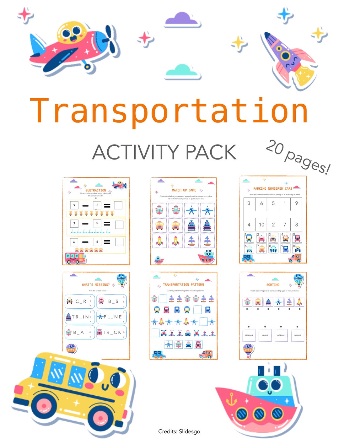 20 Pages TRANSPORTATION Activity Pack Printable Activity Bundle Pack ...