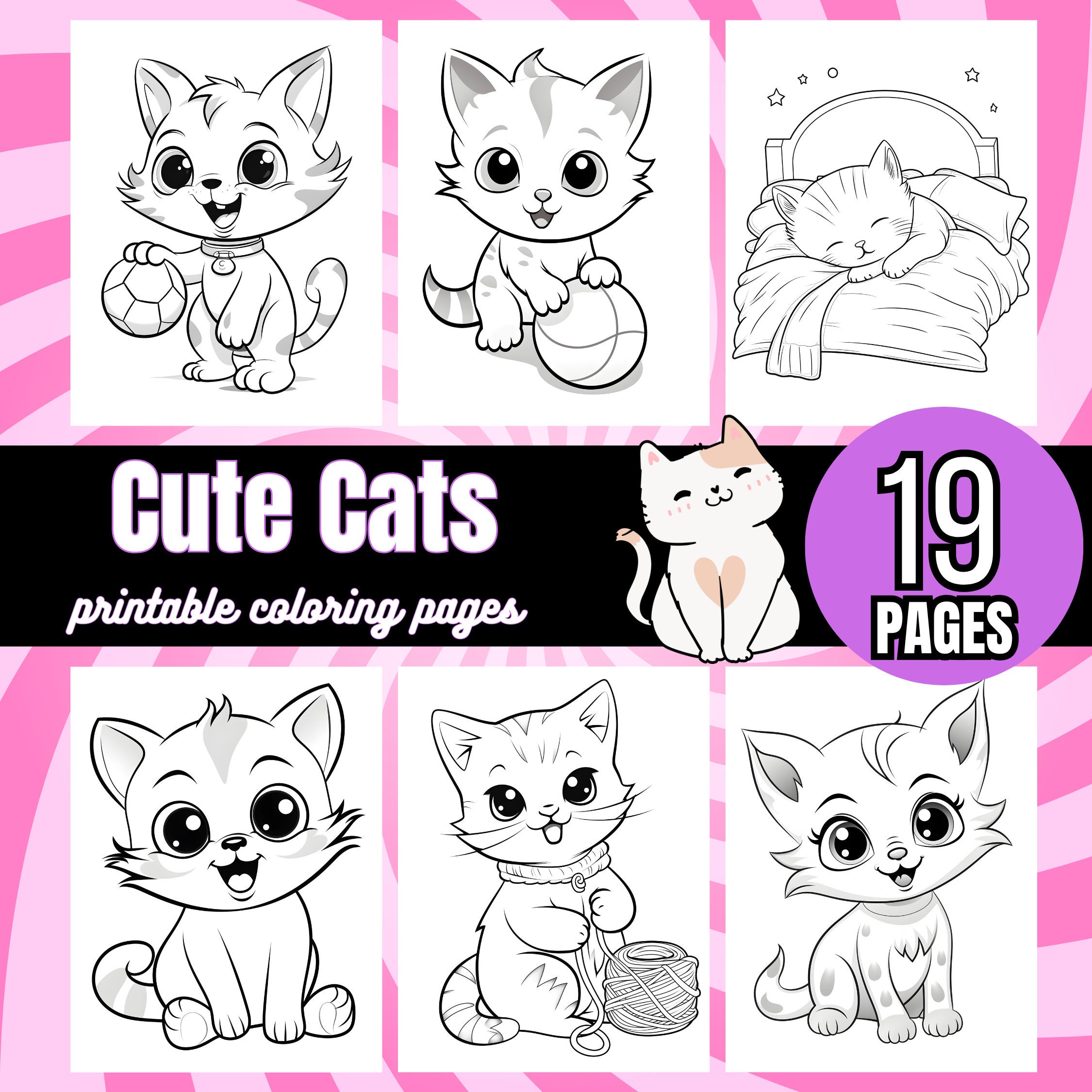 Cute Cats Coloring Pages for Kids. 19 Page Cat Coloring Printable ...