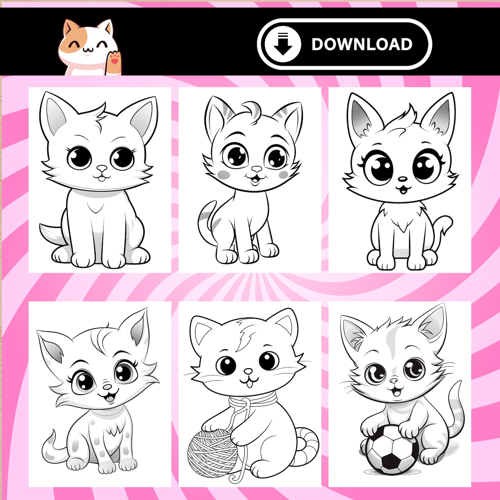 Cute Cats Coloring Pages for Kids. 19 Page Cat Coloring Printable ...